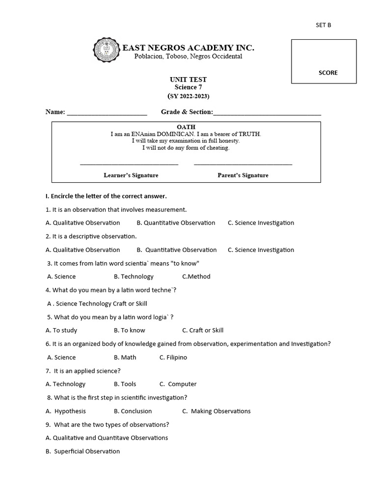 Science 7 Unit-Test - Set B | PDF | Science | Observation
