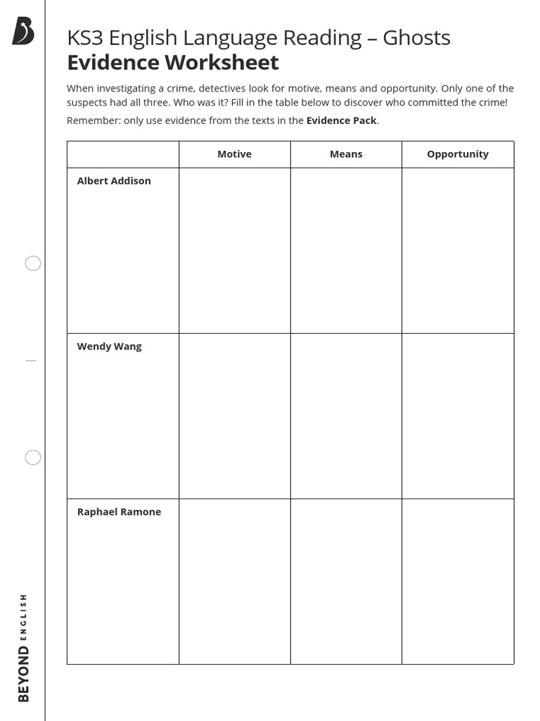 KS3 English Ghosts Evidence Worksheet | PDF