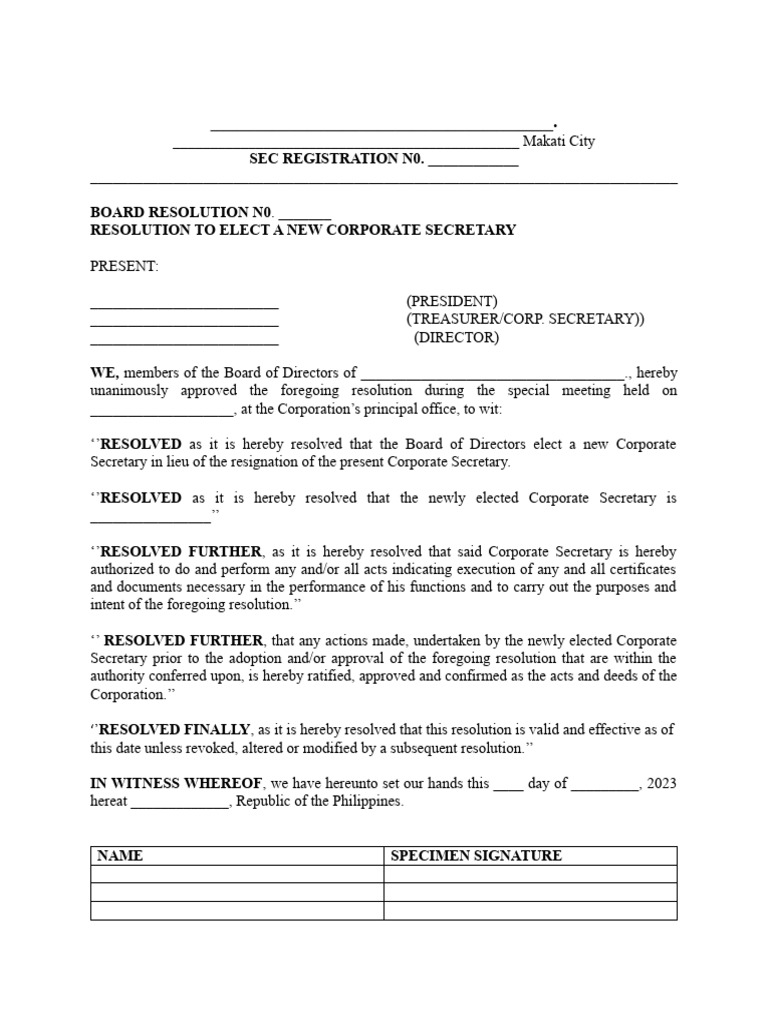 Board Resolution Election or Appointment of Officers | PDF | Notary ...