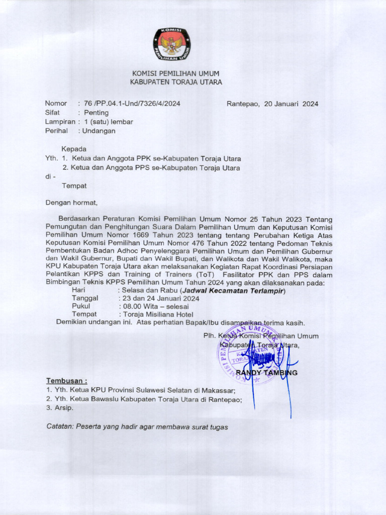 Undangan ToT PPK Dan PPS Se-Kabupaten Toraja Utara | PDF