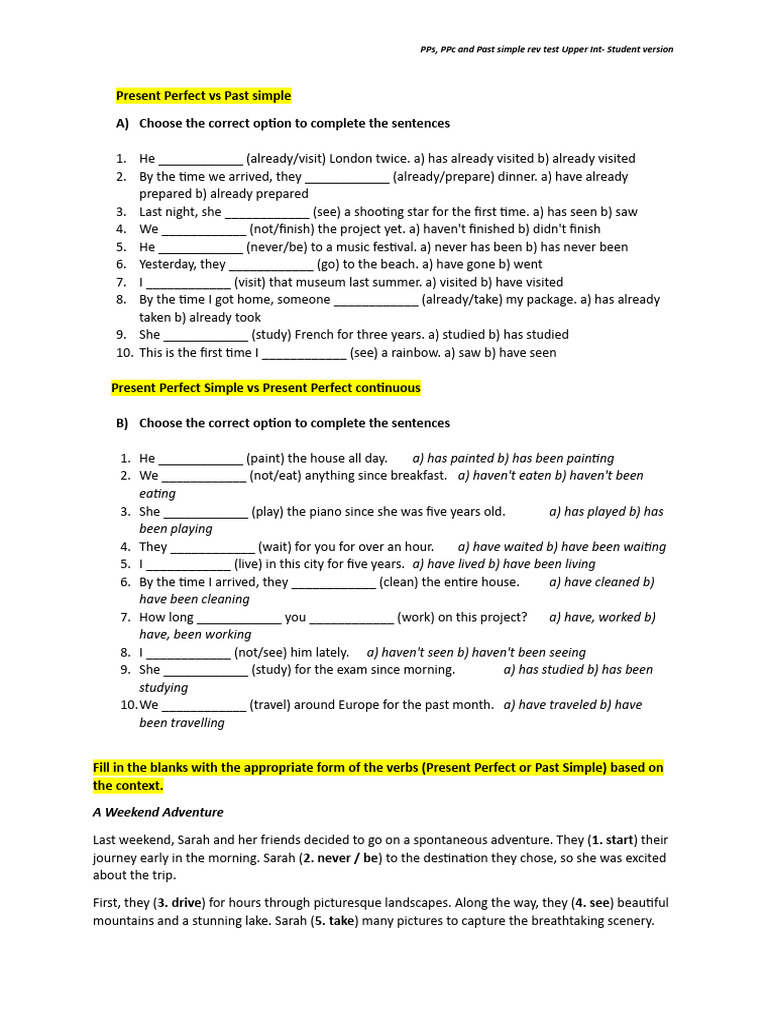 PPs, PPc and Past Simple Rev Test Upper Int- Student Version | PDF
