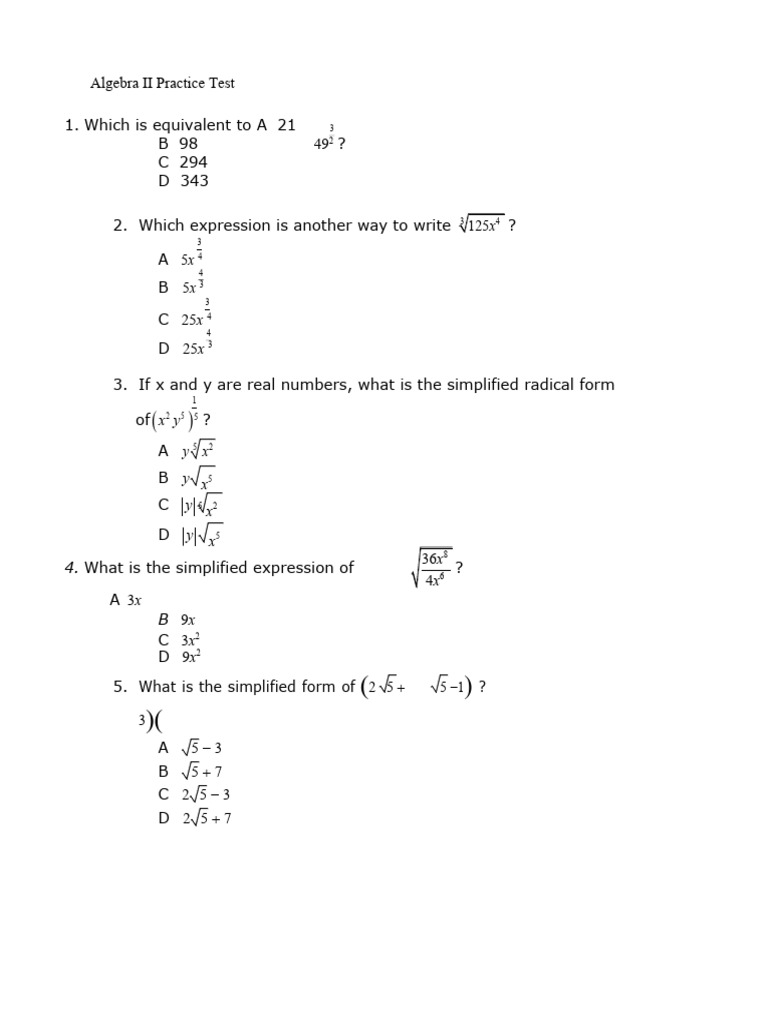 Algebra II Practice Test Questions | PDF | Function (Mathematics ...
