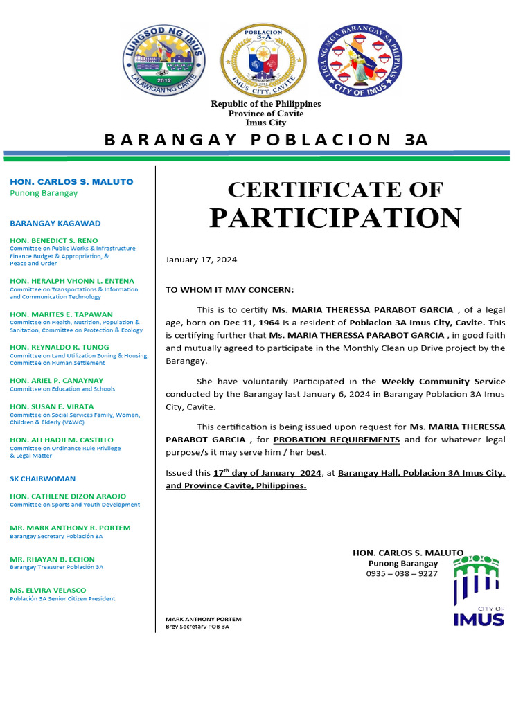 Barangay Certificate of Participation | PDF