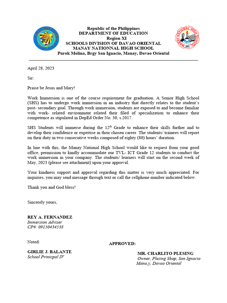 Immersion Letter Pdf