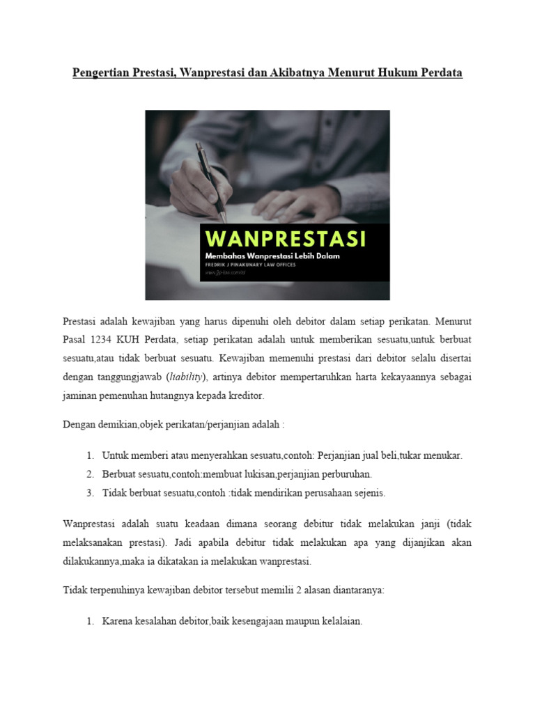 Pengertian Prestasi Wanprestasi Dan Akib | PDF