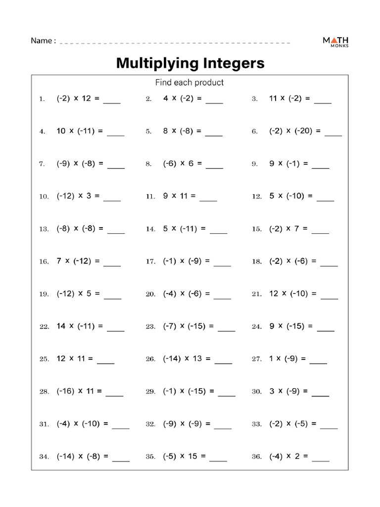 Integers 7th Grade Worksheet | PDF