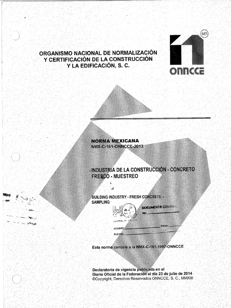 Nmx-C-161-Onncce-2013 Concreto Fresco - Muestreo | PDF