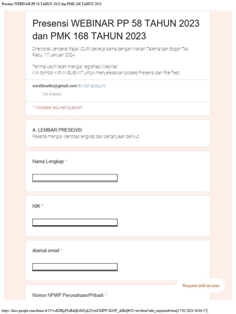 Presensi WEBINAR PP 58 TAHUN 2023 dan PMK 168 TAHUN 2023 | PDF