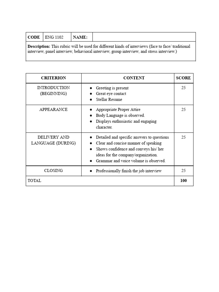 Job Interview - Rubrics | PDF