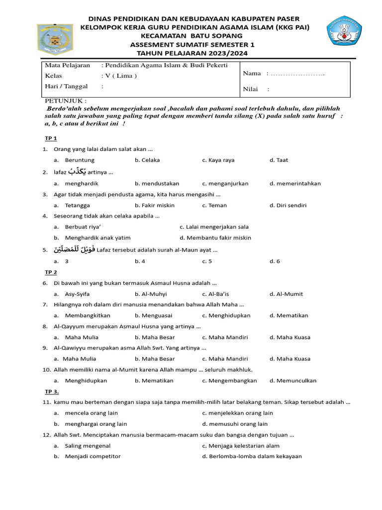 Soal Agama Kelas 5 Semester 1 2023 | PDF | Agama & Spiritualitas