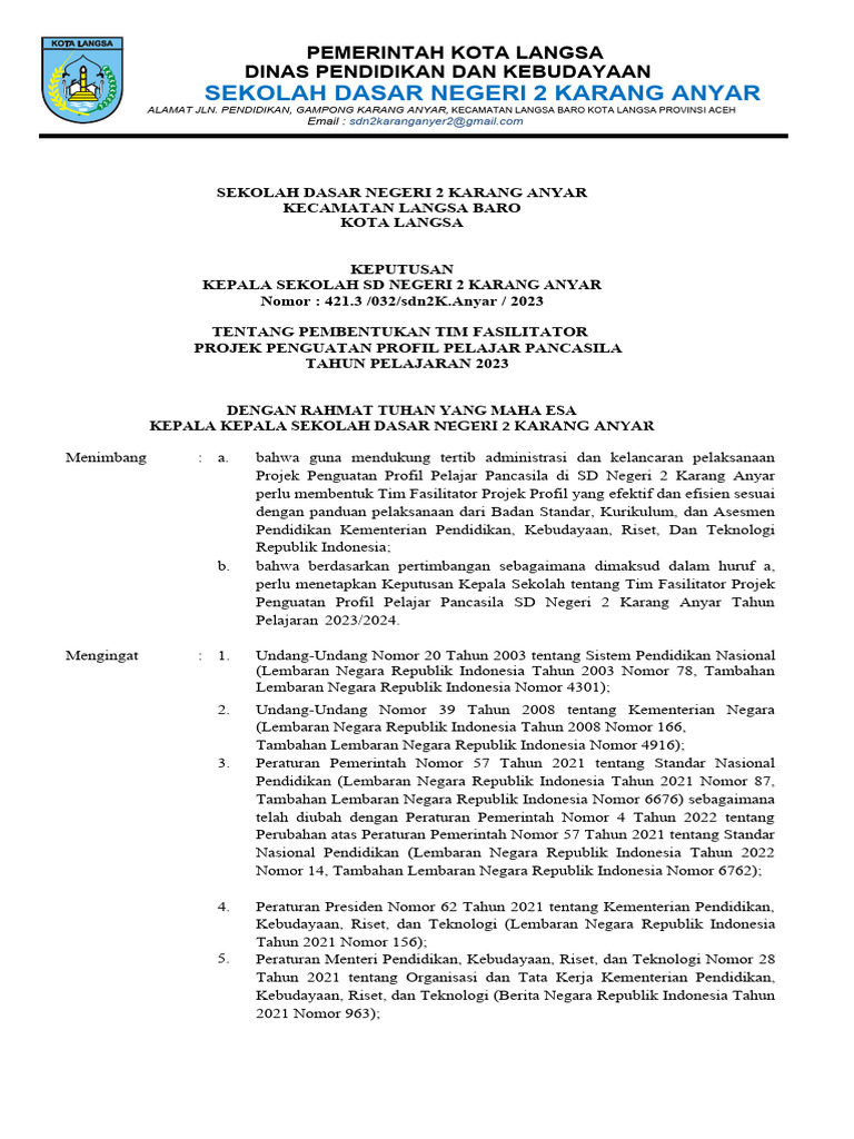 Contoh SK Tim Fasilitaor p5 2 | PDF