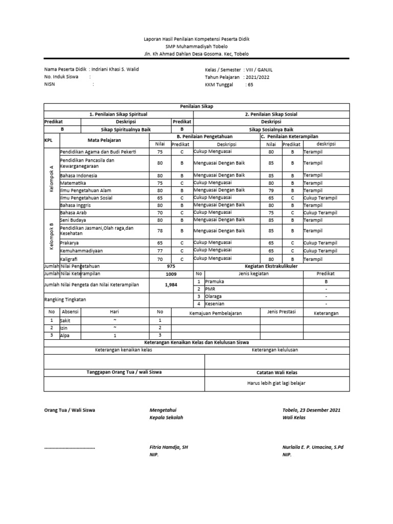 Lapor SMP Kls Viii (Semester 1) - 2021-2022 - Revisi | PDF