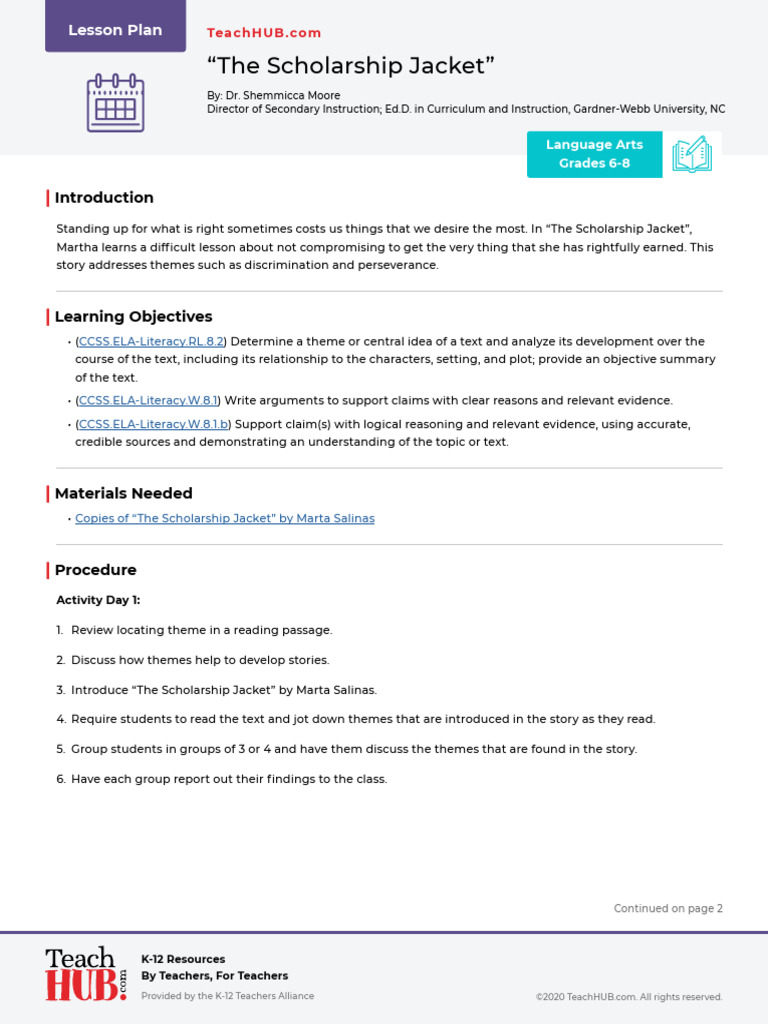 Lesson Plan for "The Scholarship Jacket" | PDF | Behavior Modification ...