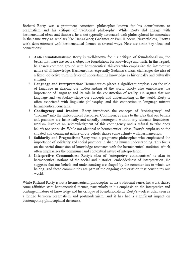 Richard Rorty Report Sum | PDF | Richard Rorty | Hermeneutics Richard Rorty Report Sum | PDF | Richard Rorty | Hermeneutics