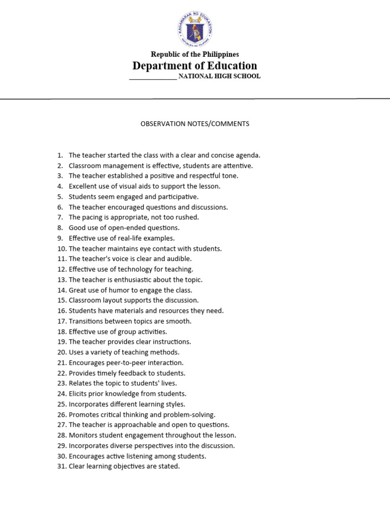 Classroom Observation Feedback Summary | PDF | Teachers | Teaching Method