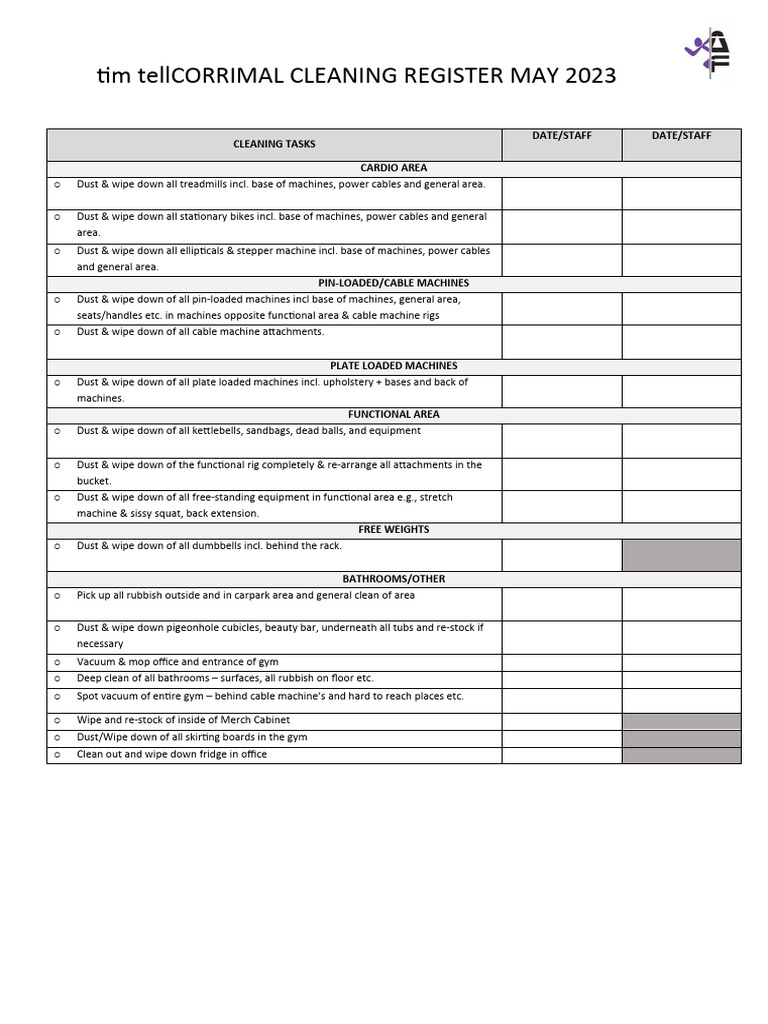 Monthly Cleaning Register | PDF | Manufactured Goods