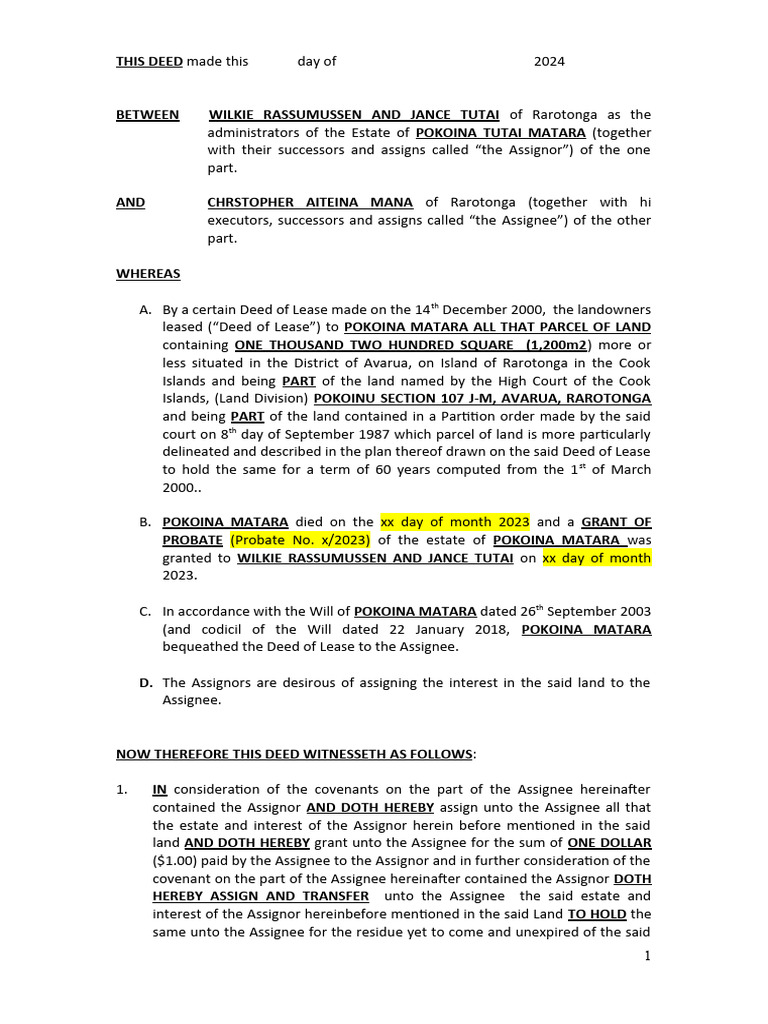 Deed of Assignment - Brian and Karen Tairea To Akeina Maria Tairea ...