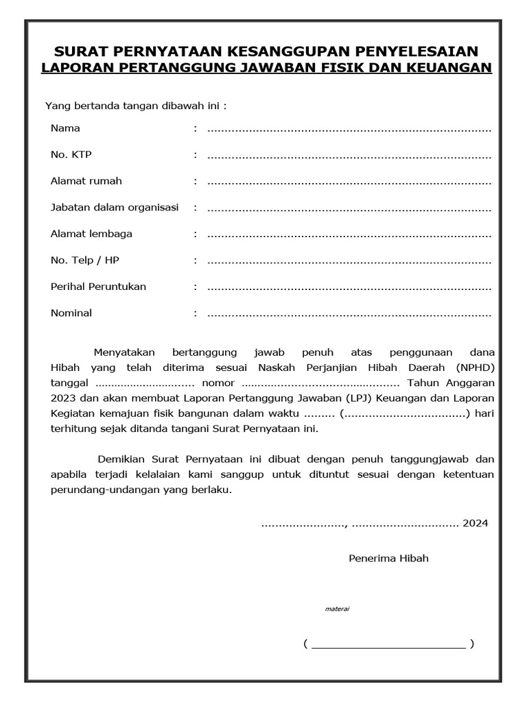 Surat Pernyataan Kesanggupan SPJ | PDF