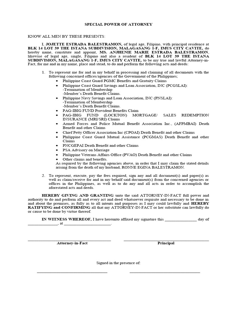 Special Power of Attorney Death Claims | PDF | Power Of Attorney ...