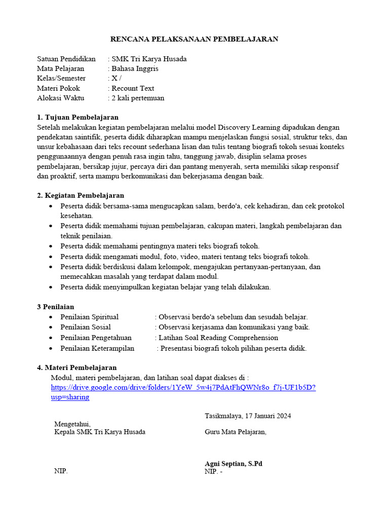 Rencana Pembelajaran Recount Text SMK | PDF | Karier & Perkembangan