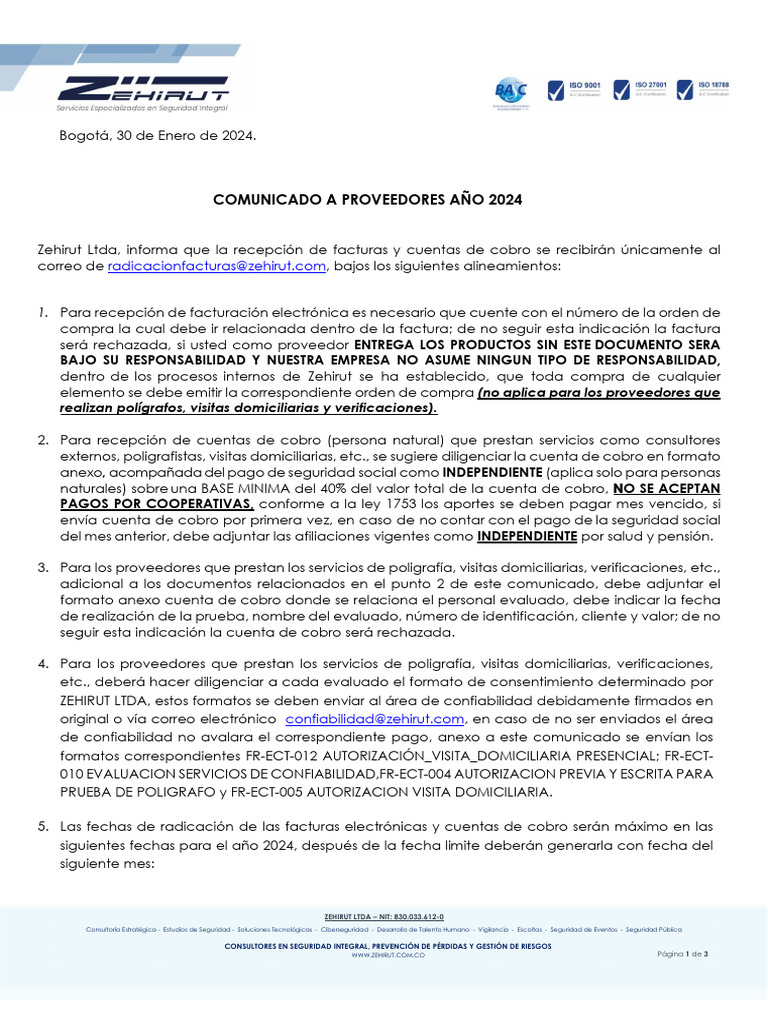 Comunicado A Proveedores 2024 | Descargar gratis PDF | Factura