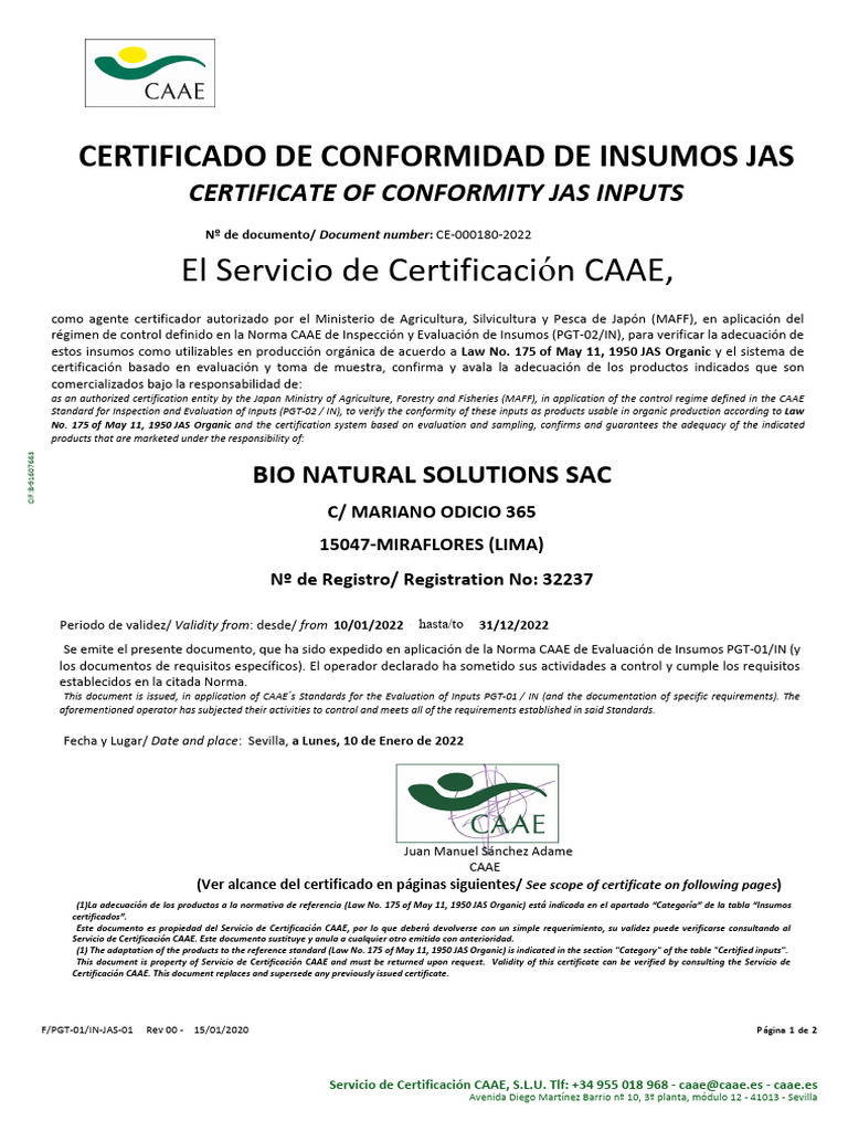 Certificado de Insumos JAS CAAE | PDF