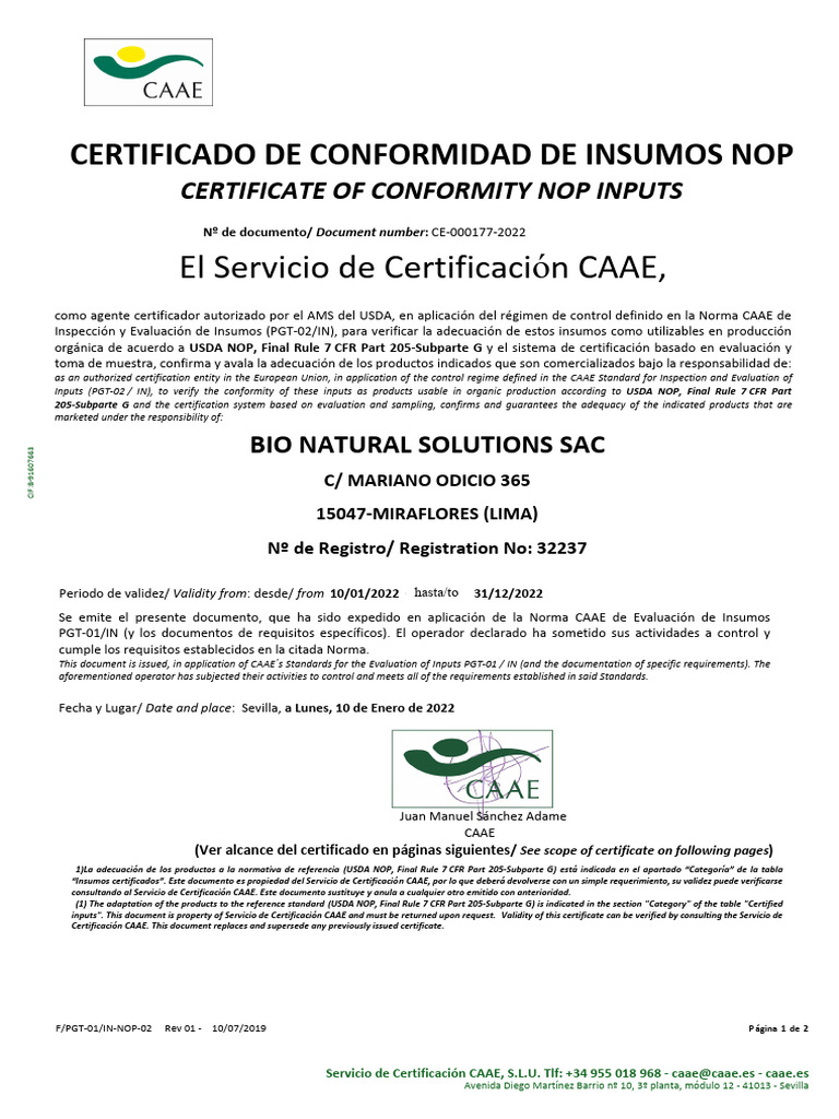 Certificacion Nop | PDF