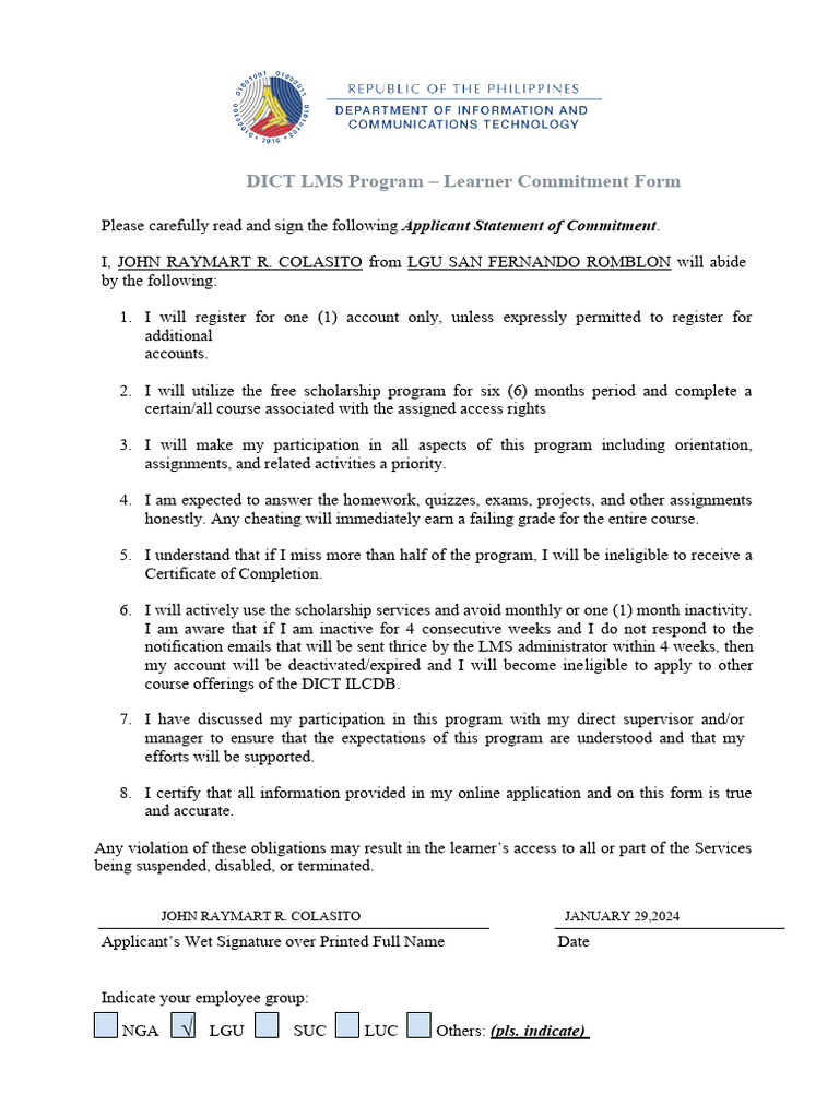 Learner Commitment Form in Accessing DICT LMS (Annex D) | PDF