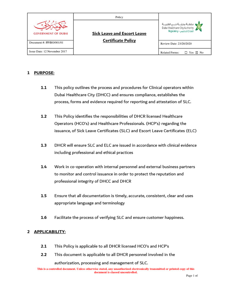 Sick Leave and Escort Leave Certificate Policy | PDF | Patient | Physician