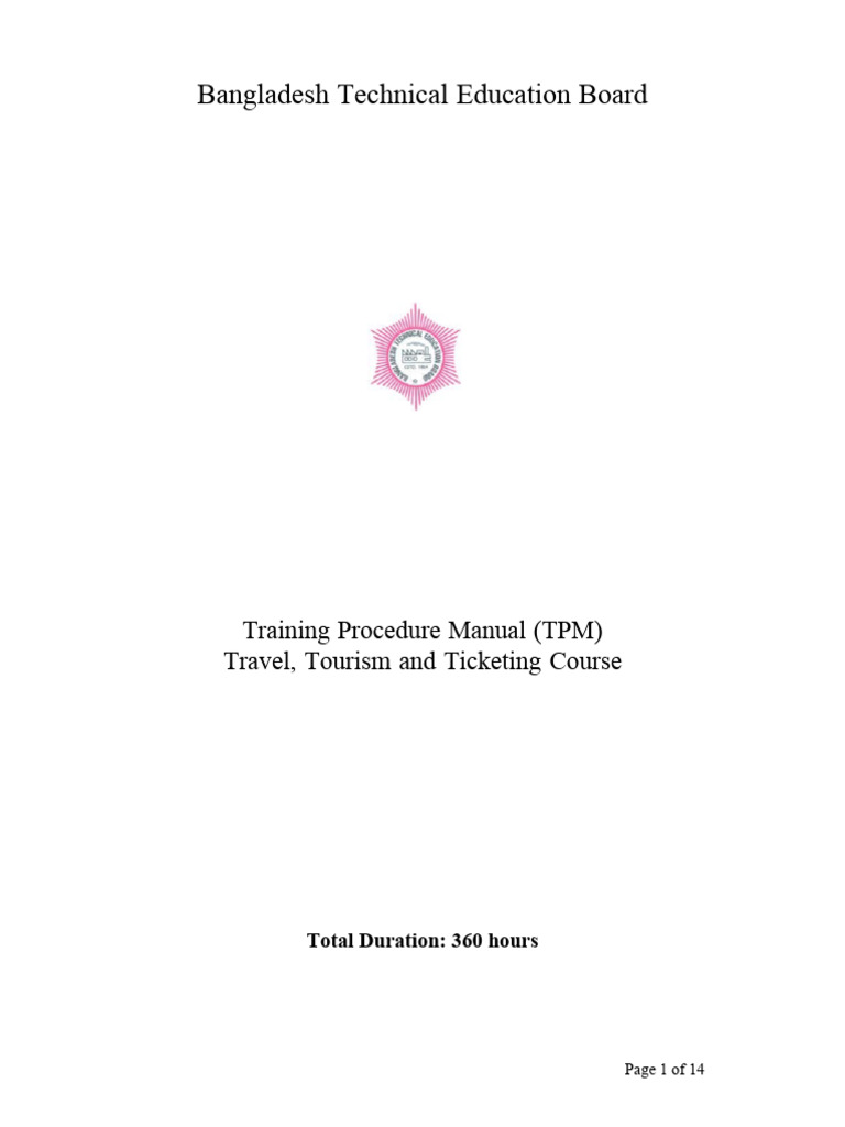 Bangladesh Technical Education Board: Training Procedure Manual (TPM) Travel, Tourism and ...