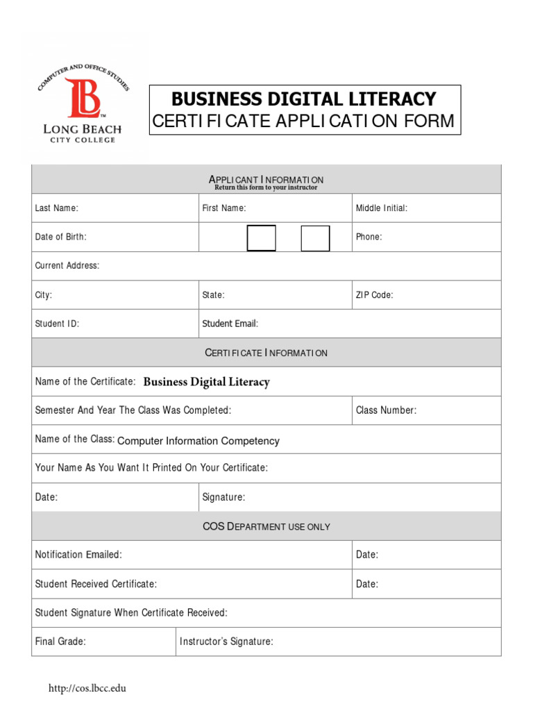Business Digital Literacy Certificate Form | PDF