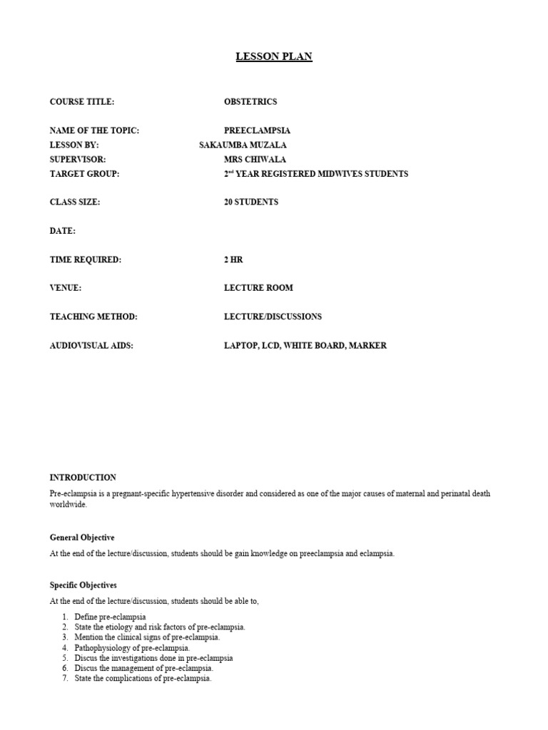 LESSON PLAN On Preeclampsia BGCC | PDF | Medical Specialties | Clinical Medicine