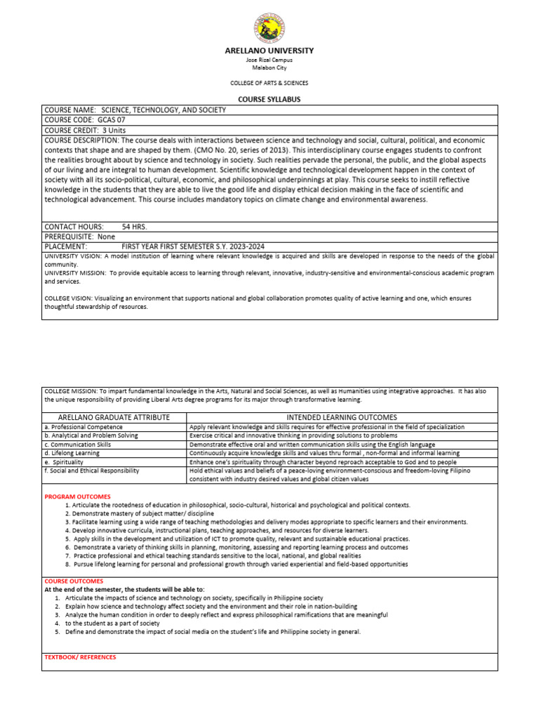 OBE Syllabus GCAS07 STS | PDF | Learning | Science