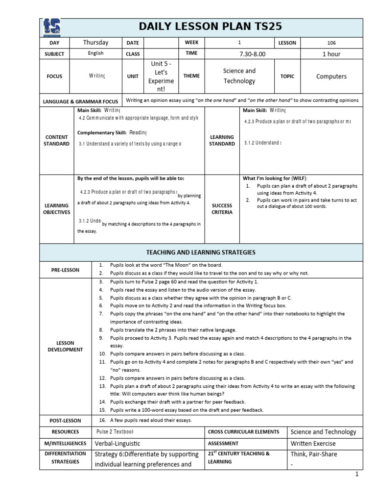 Form 1 Lesson 108 Writing | PDF | Essays | Lesson Plan