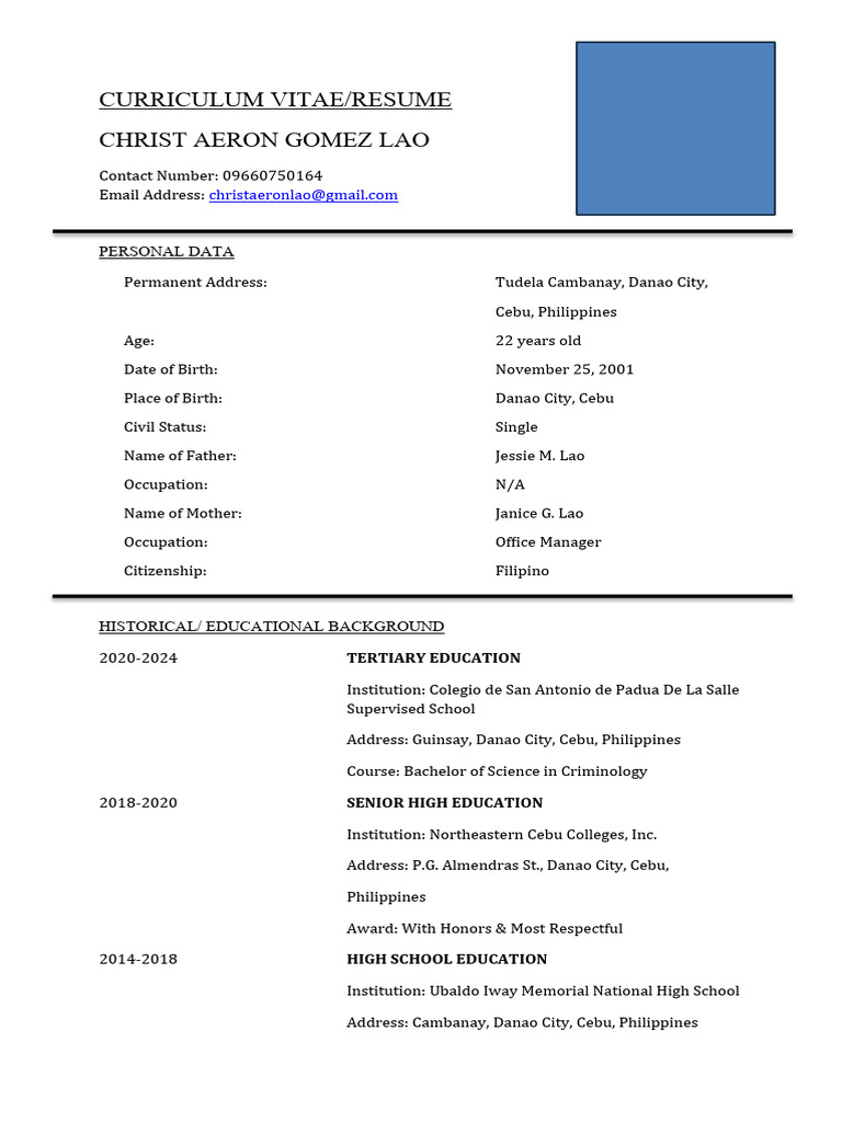 Curriculum Vitae/Resume Christ Aeron Gomez Lao: Tertiary Education | PDF