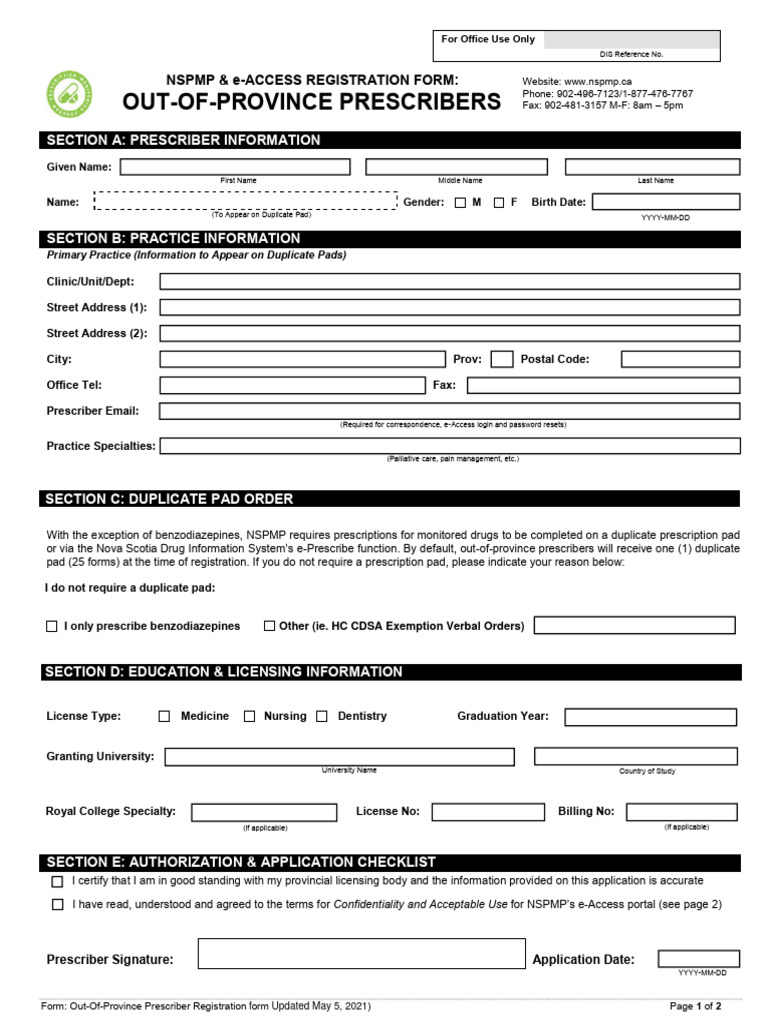 Out of Province Registration Eaccess Form - 2021 | PDF