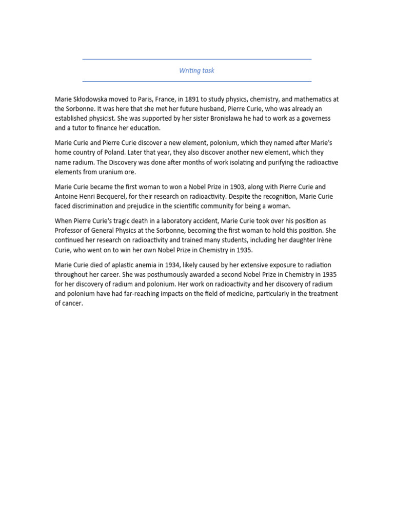 Writing Task Marie Curie | PDF