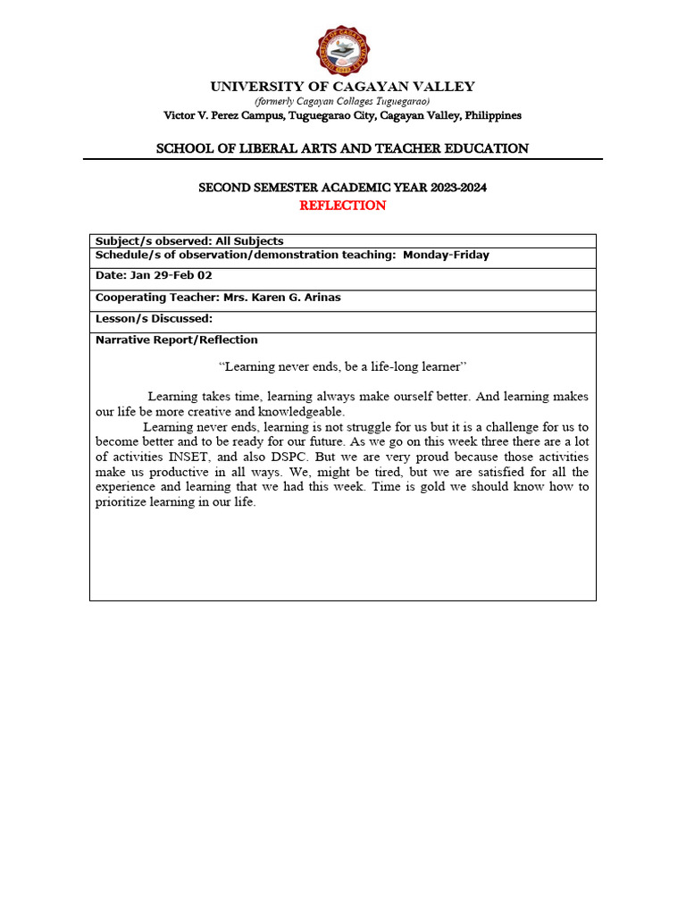 Reflection on Teaching Observations | PDF | Wellness