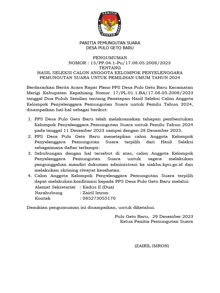 6 Pengumuman Penetapan Kpps Pulo Geto Baru | PDF