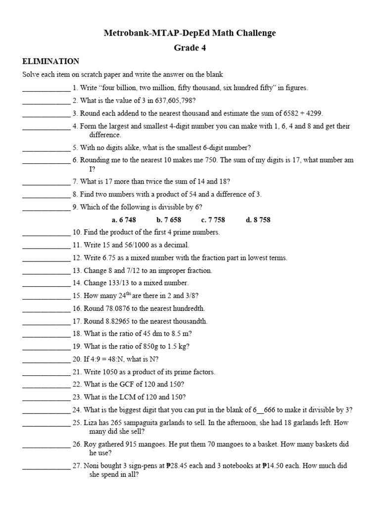 Grade 4 Math Challenge Questions | PDF | Numbers | Mathematics
