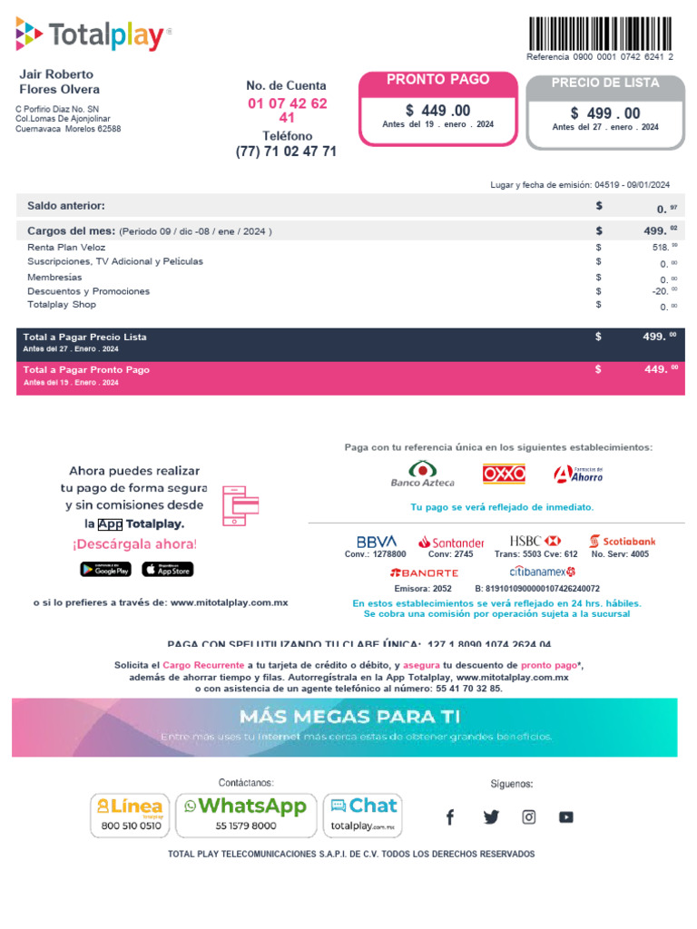 Recibo y Pago Totalplay 2024 | PDF | Finanzas personales | Tecnología ...