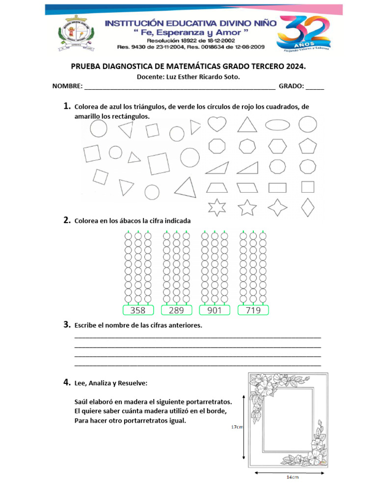 PRUEBA DIAGNOSTICA DE MATEMÁTICAS GRADO TERCERO 2024 | PDF
