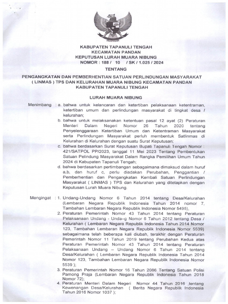 SK Lurah Muara Nibung No 188 Tentang Pengangkatan & Pemberhentian Sauan Perlindungan Masyaakat ...