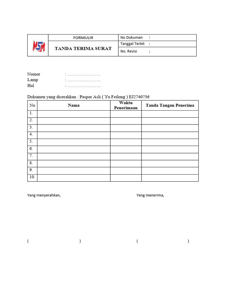 Form Tanda Terima Surat | PDF