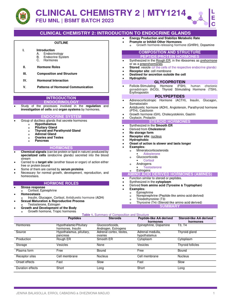 Clinical Chemistry 2 Lec - W10 - Introduction To Endocrine Glands | PDF | Hormone | Endocrine System