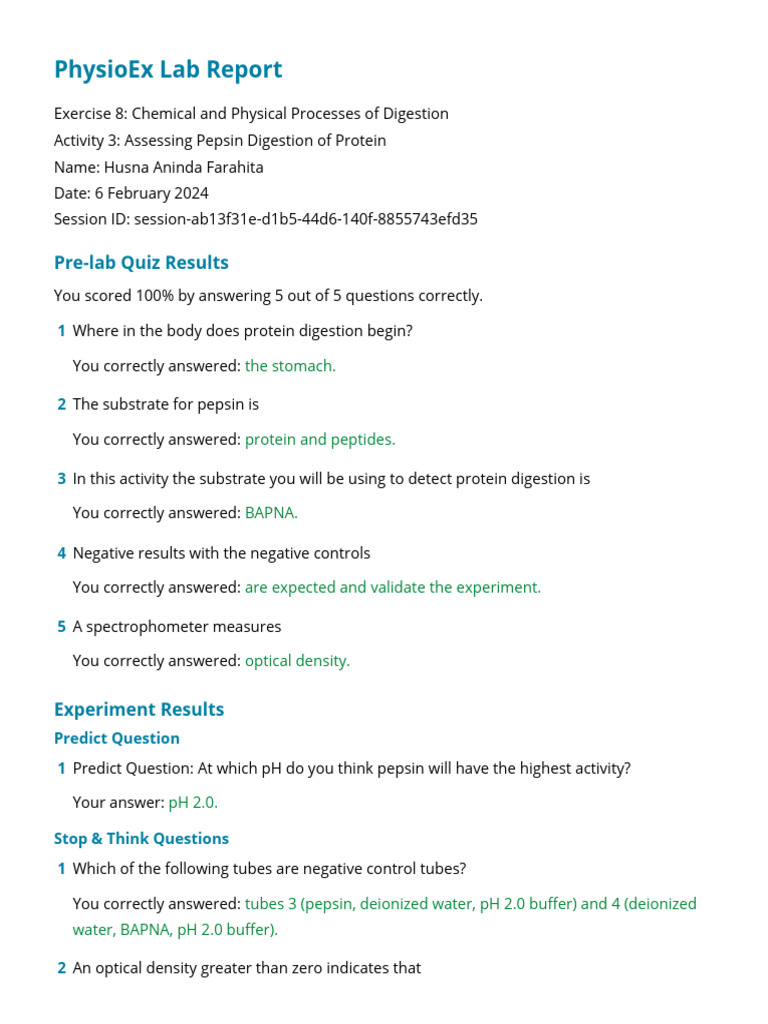 PhysioEx Exercise 8 Activity 3 Pepsin | PDF | Digestion | Proteins