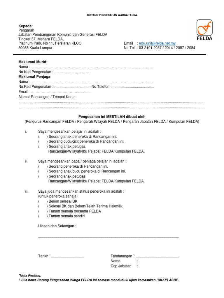 Borang Pengesahan Warga FELDA | PDF