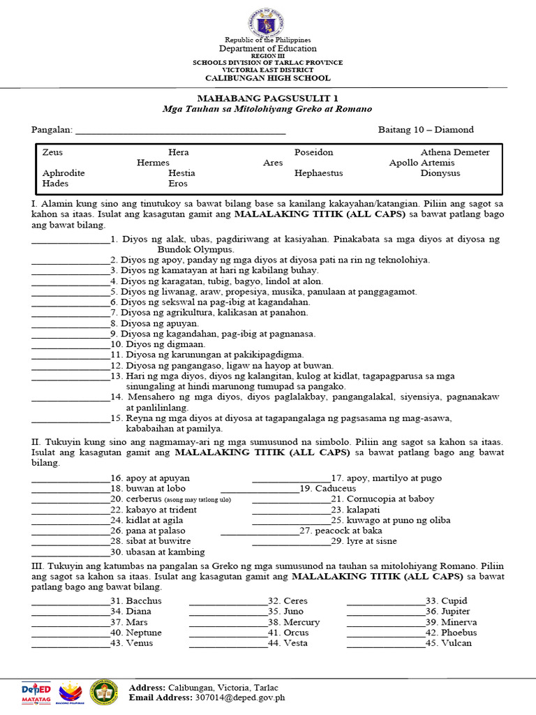 Week 1 Long Quiz Greek Mythology Characters | PDF