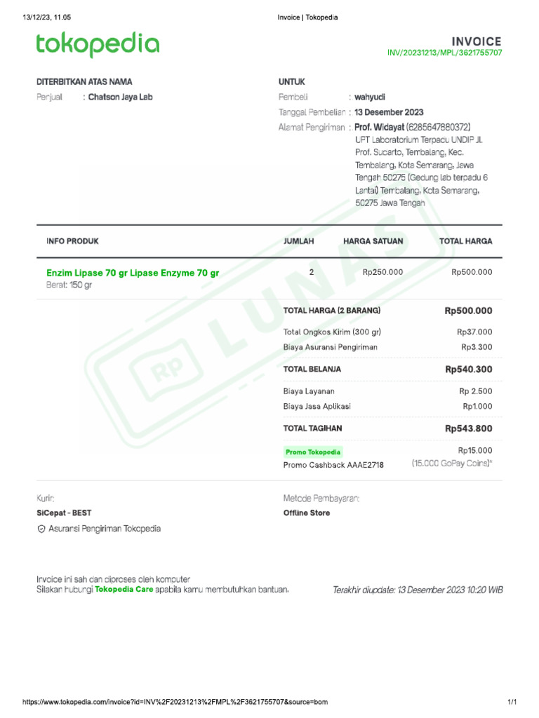 Invoice Enzim Lipase Tokped Prof Widayat | PDF