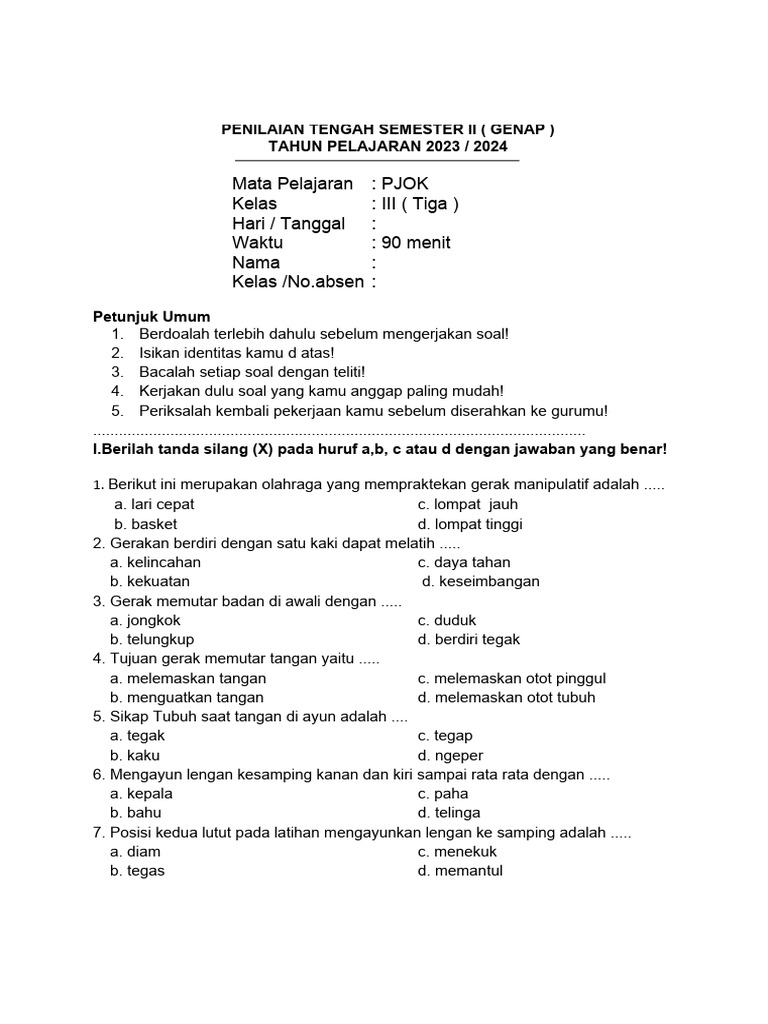Soal PTS Pjok Kelas 3 Genap 2024 | PDF